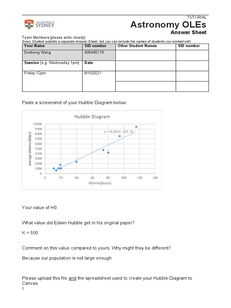 Tut1 OLET1640 Astro Student Answer Sheet | PDF