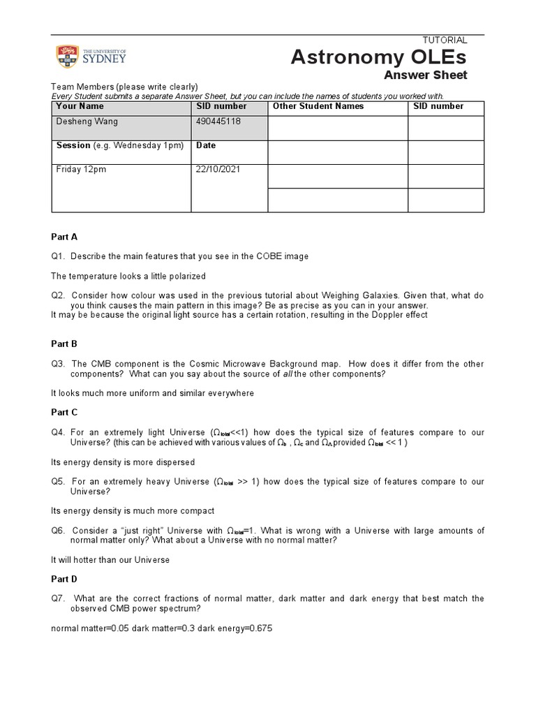 Tut3 OLET1640 Astro Student Answer Sheet | PDF | Universe | Cosmic Microwave Background