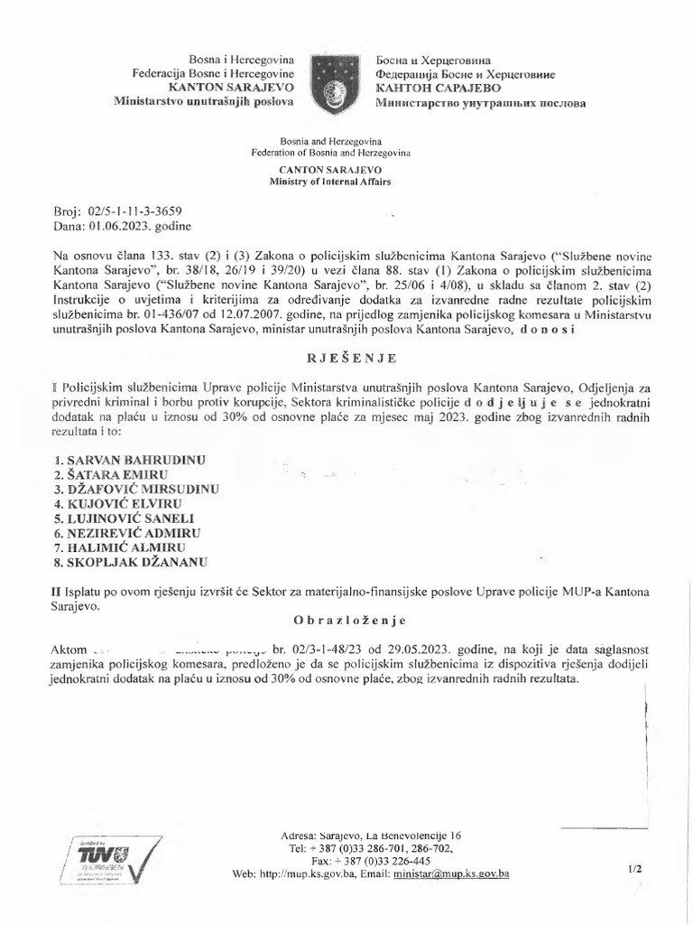 Rješenje - Jednokratni Dodatak Na Plaću Maj 2023 | PDF