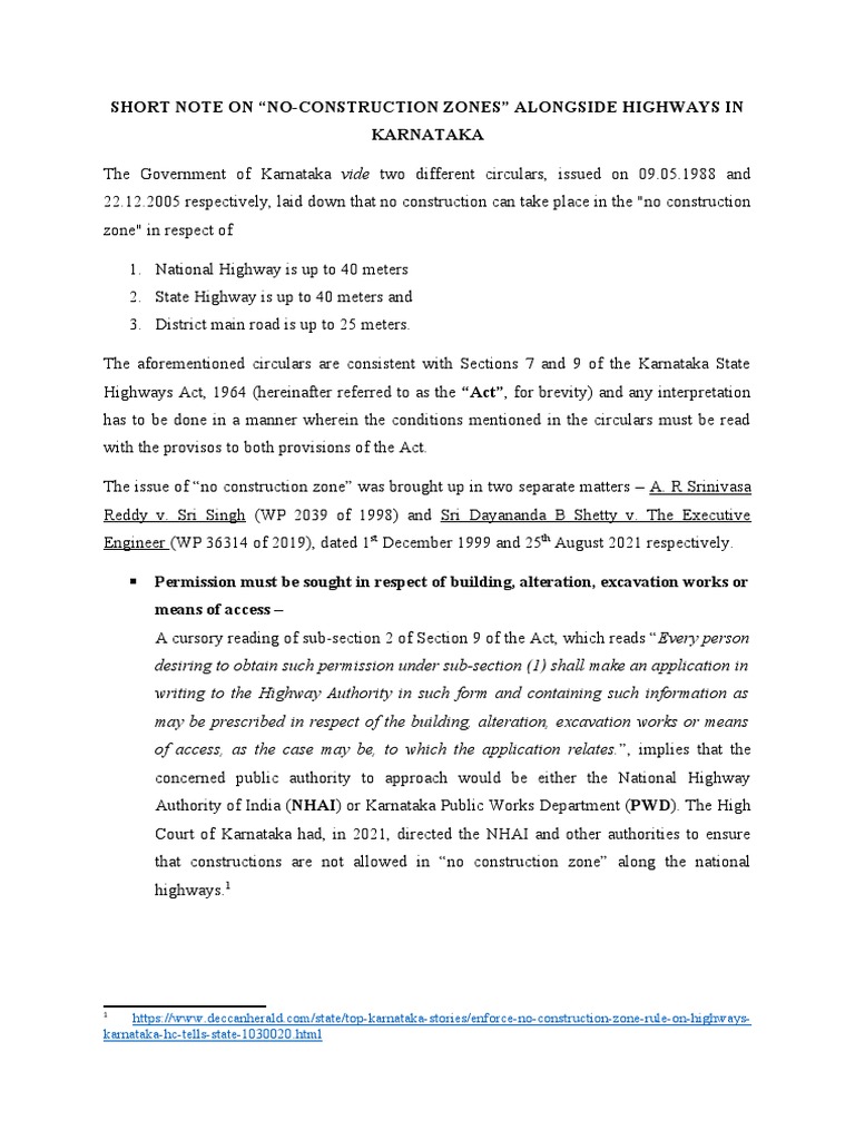 Short Note On No Construction Zones Along Highways in K'taka | PDF