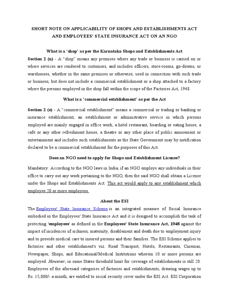 Short Note On Applicability of Shops and Establishments Act & ESI Act ...