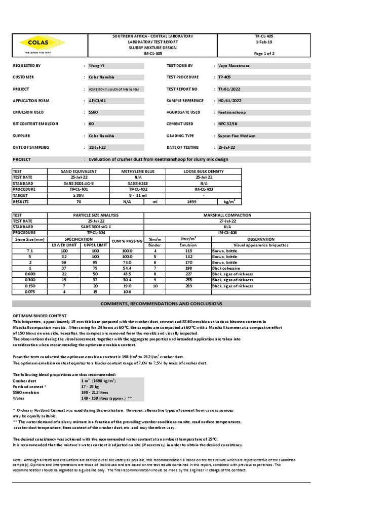 Slurry Mix Design - 1st Slurry | PDF
