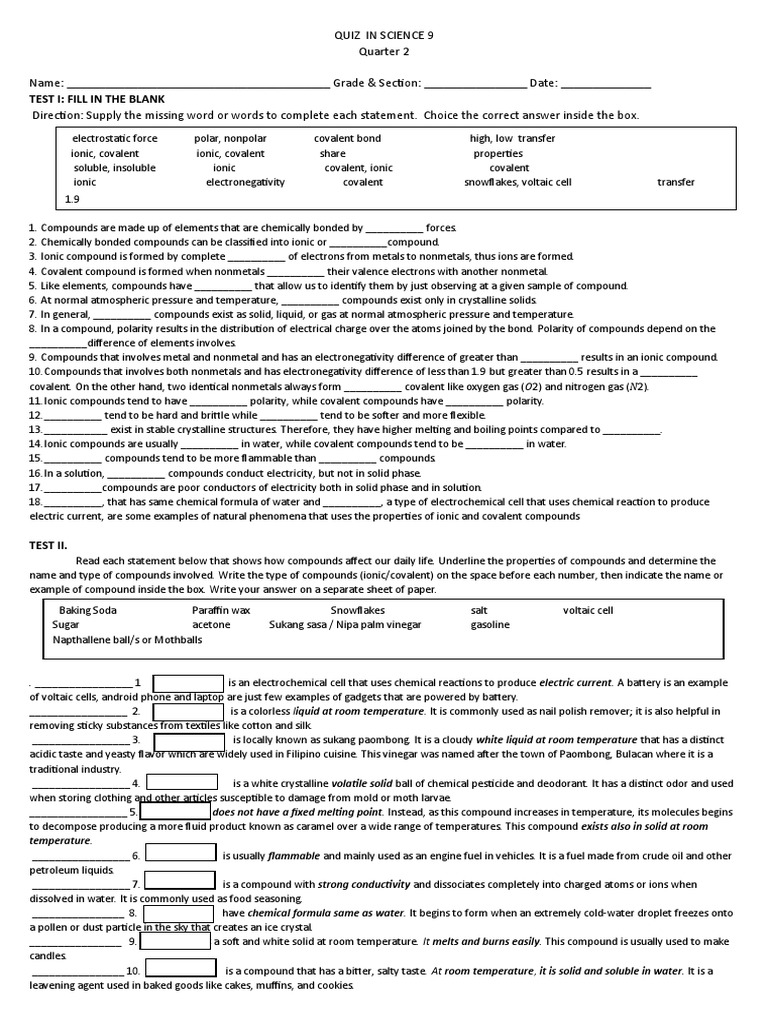 Quiz in Science 9 - 12.12 | PDF | Chemical Compounds | Ionic Bonding