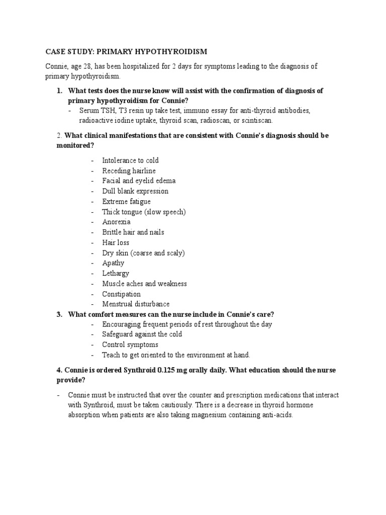 Primary Hypothyroidism Case Study: Connie | PDF