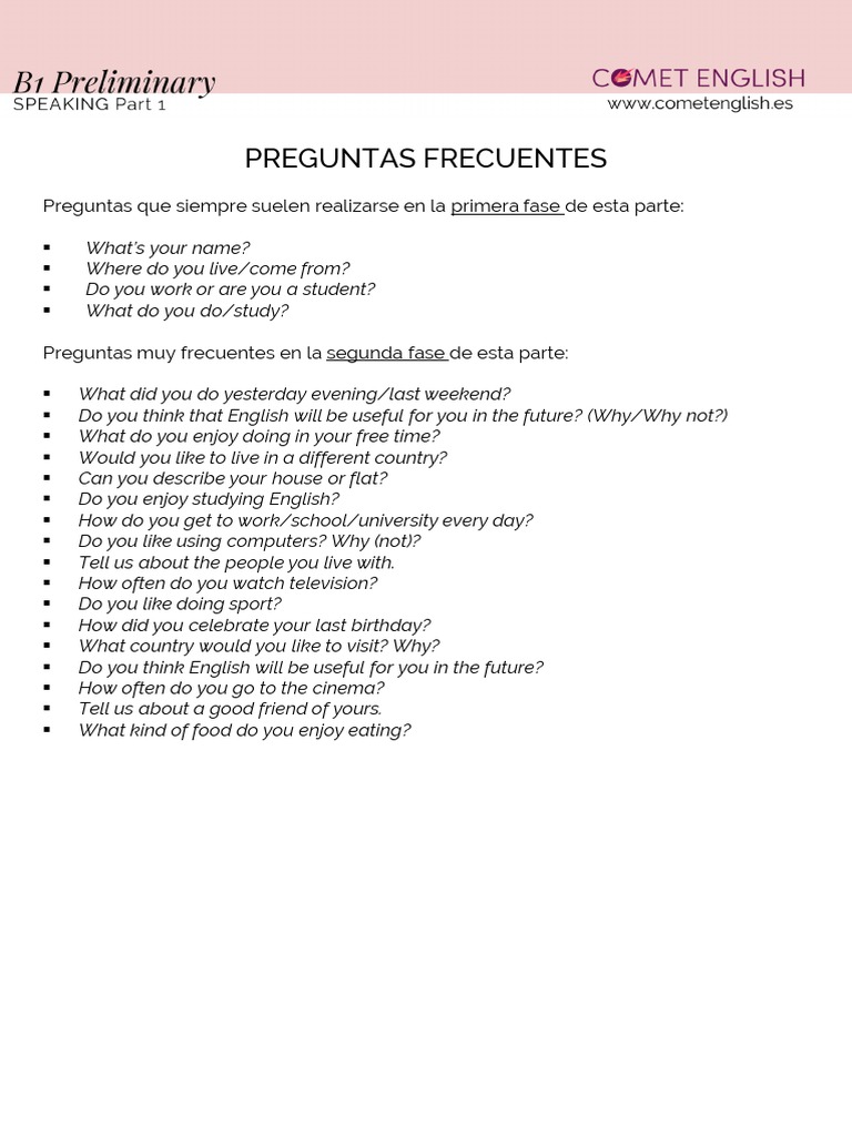 B1 Preliminary Speaking Part 1 Questions | PDF