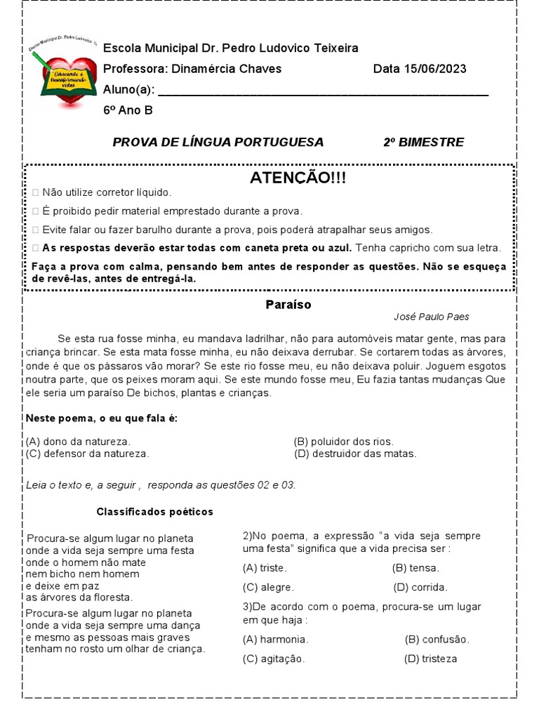 Prova 6º Ano | PDF