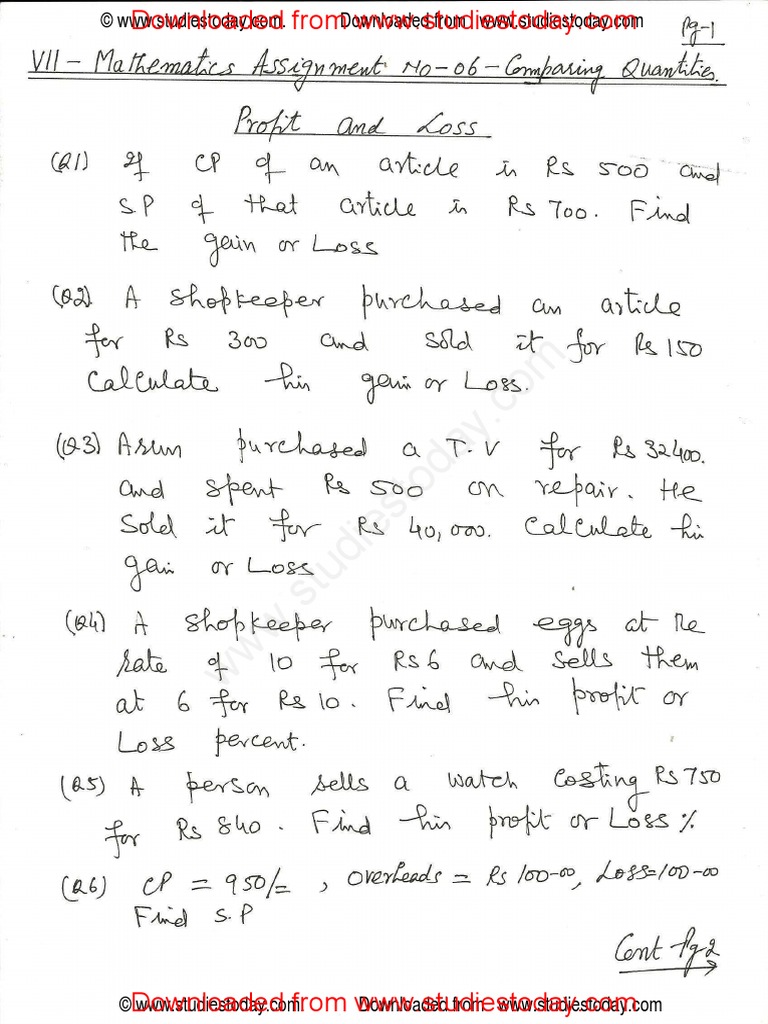 CBSE Class 7 Mathematics Comparing Quantities Profit and Loss Worksheet ...