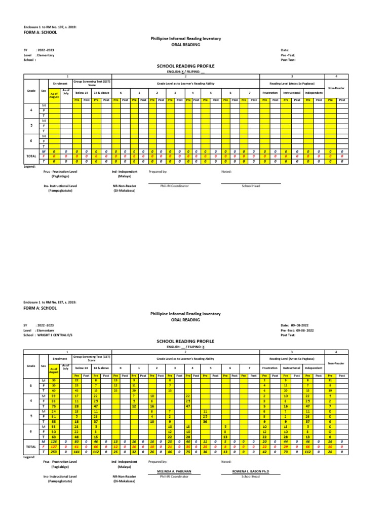 Phil Iri Result Template Pretest | PDF | Learning | Cognition