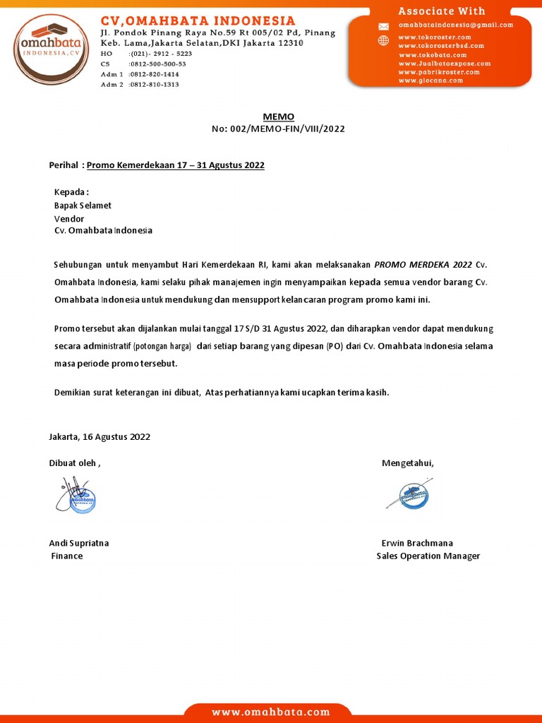 Memo No 002 Promo Kemerdekaan Ri 2022 | PDF