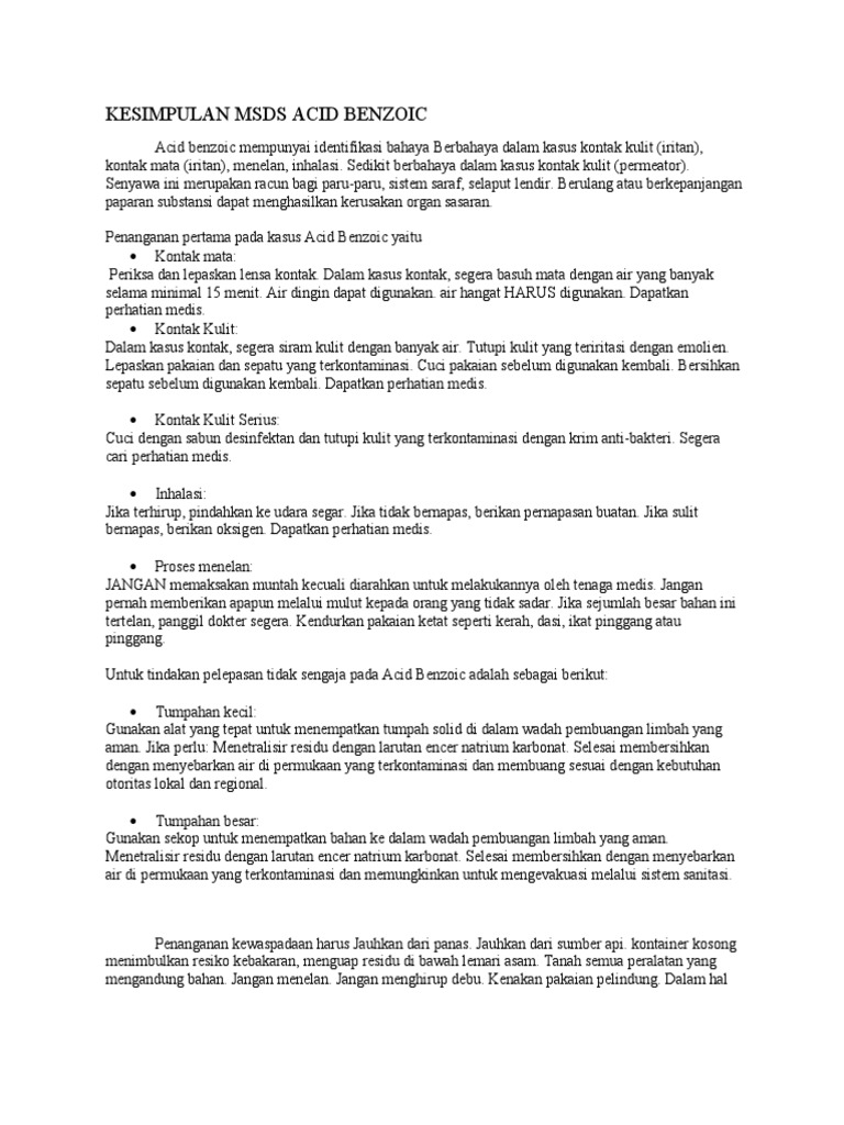 Kesimpulan MSDS Acid Benzoic | PDF