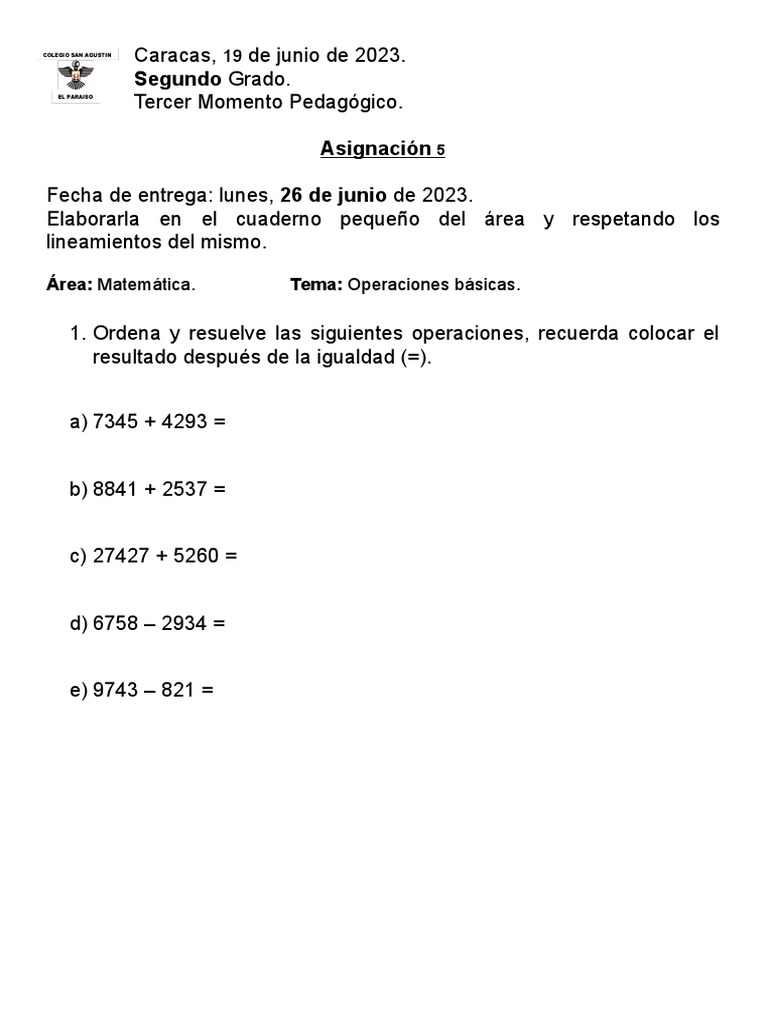 Asignación 5 de Matemática 2do Grado | PDF