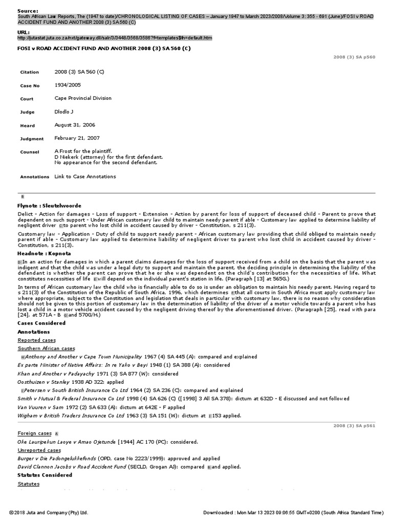 FOSI V ROAD ACCIDENT FUND AND ANOTHER 2008 (3) SA 560 (C) | PDF