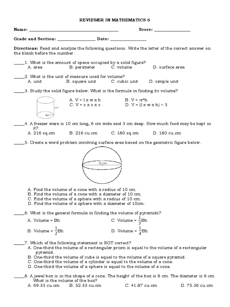 Fourth Quarterly Test in Mathematics 6 | PDF | Volume | Area