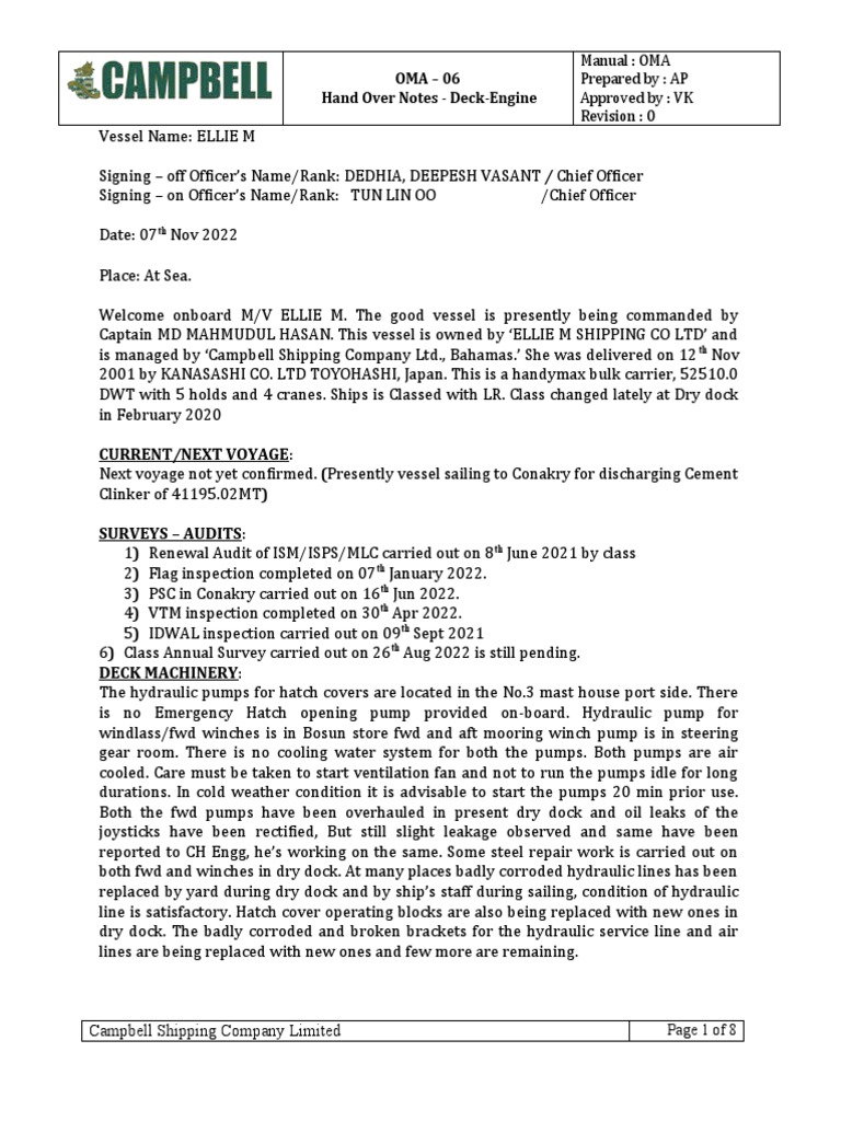 17.OMA 06 Hand Over Notes Chief Officer | PDF | Crane (Machine) | Shipping