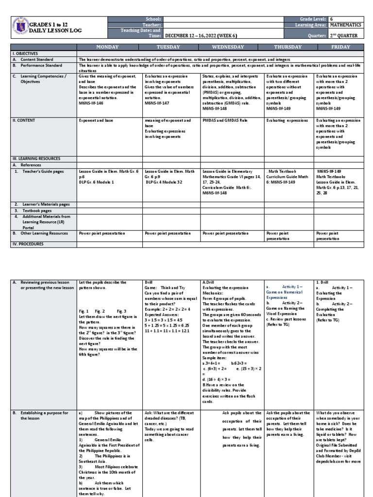 DLL - Mathematics 6 - Q2 - W6 | PDF | Exponentiation | Multiplication