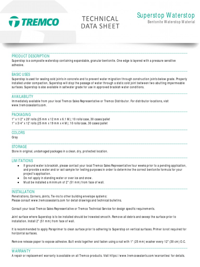 Superstop Waterstop Data Sheet | PDF