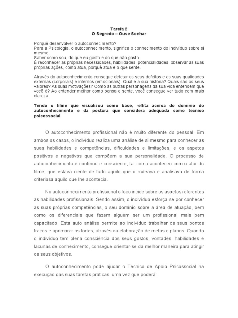 Tarefa2 O.Segredo - Ouse.Sonhar Carla - Sousa | PDF | Psicologia | Ciência cognitiva