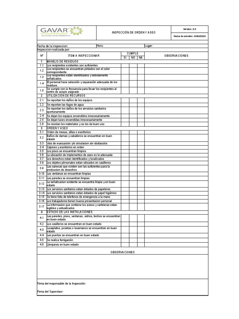 Formato de Inspeccion Orden y Aseo | PDF | Sector secundario de la ... Formato de Inspeccion Orden y Aseo | PDF | Sector secundario de la ...