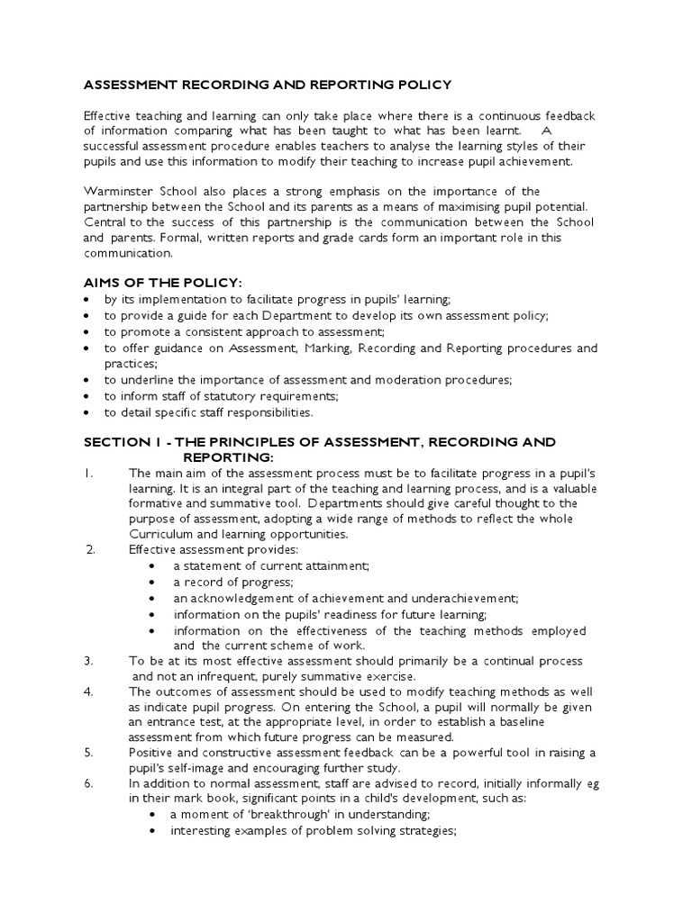 Assessment Recording and Reporting | PDF | Educational Assessment ...