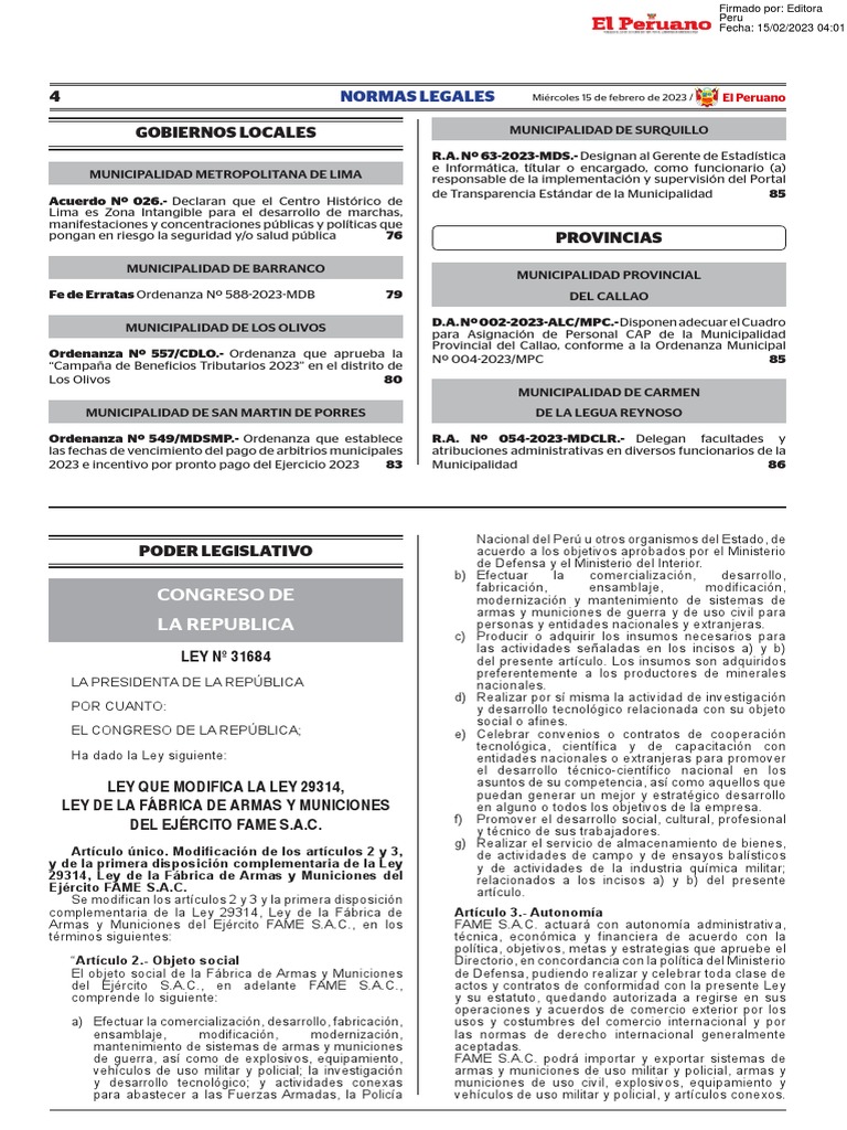 LEY 31684l Ley Que Modifica La Ley 29314 | PDF | Policía | Perú