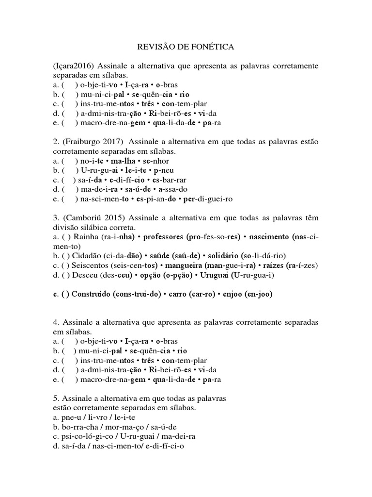 Revisão De Fonética Pdf Sílaba Escrita