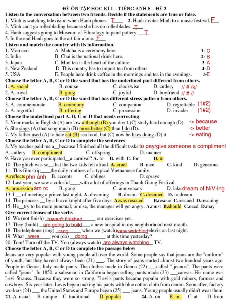 KEY ĐỀ 3 HK1 | PDF | Jeans | Trousers