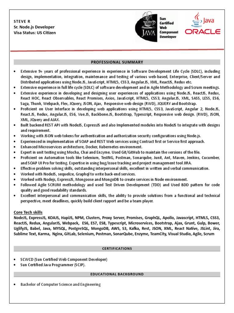 Sr. Node.js Developer Resume | PDF | Web Service | Java Script