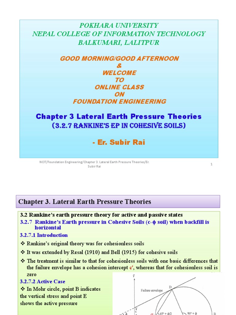 3.2.7 Rankine's Earth Pressure in Cohesive Soils | PDF | Classical Mechanics | Applied And ...