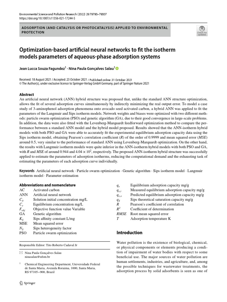 Optimization-Based Artificial Neural Networks To Fit The Isotherm Models Parameters of Aqueous ...