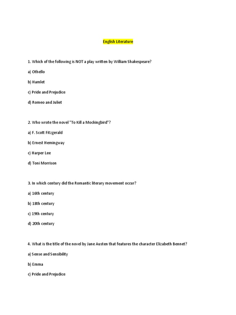 English Literature Practice Quiz | PDF