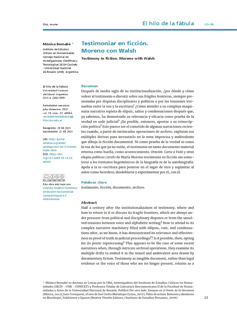 Testimoniar en Ficción. Moreno Con Walsh. Bernabé. Artículo | PDF