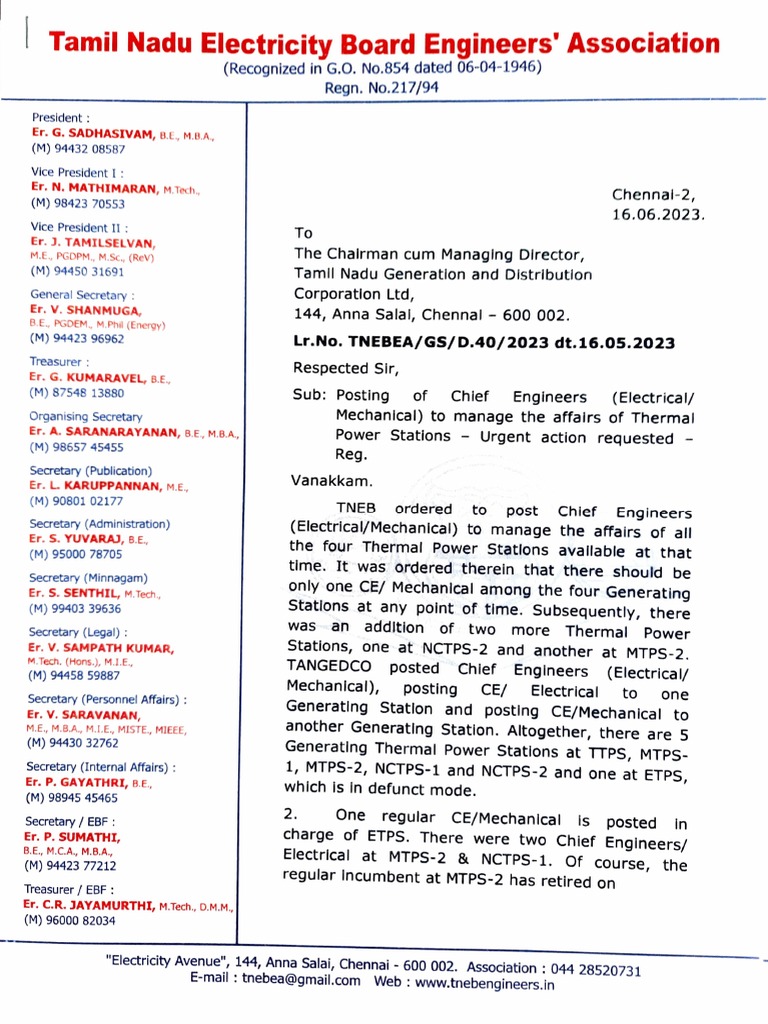 EA 40 Posting of CE Elec & Mech Dt.16.06.23 | PDF | Tamil Nadu ...