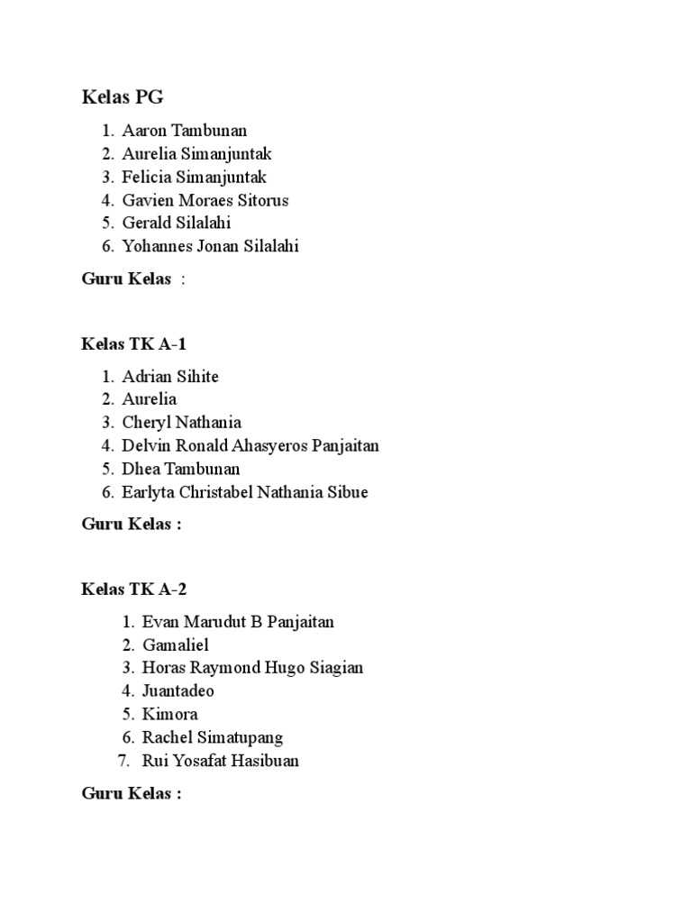 Daftar Siswa dan Guru Kelas PG dan TK | PDF