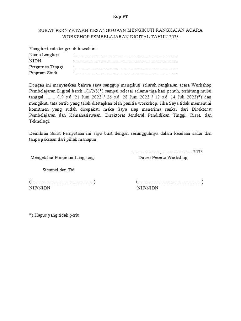 Format Surat Pernyataan Kesanggupan Mengikuti Workshop | PDF