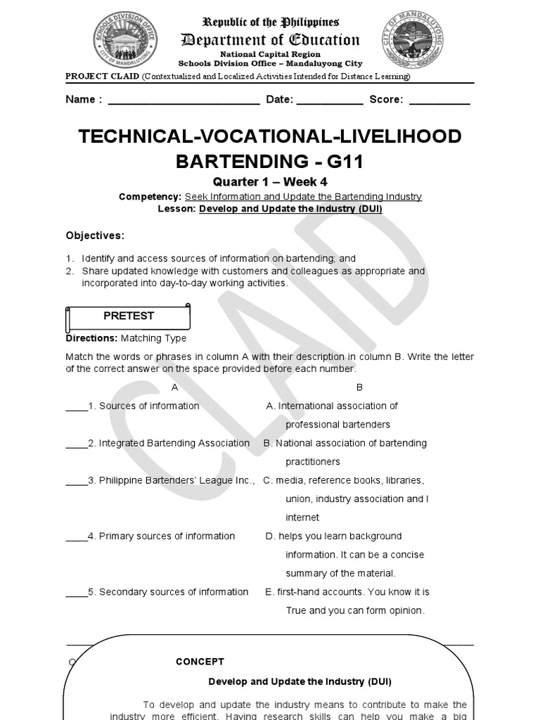Bartending Grade 11 Quarter 1 Activity Sheet Week 4 | PDF | Information ...