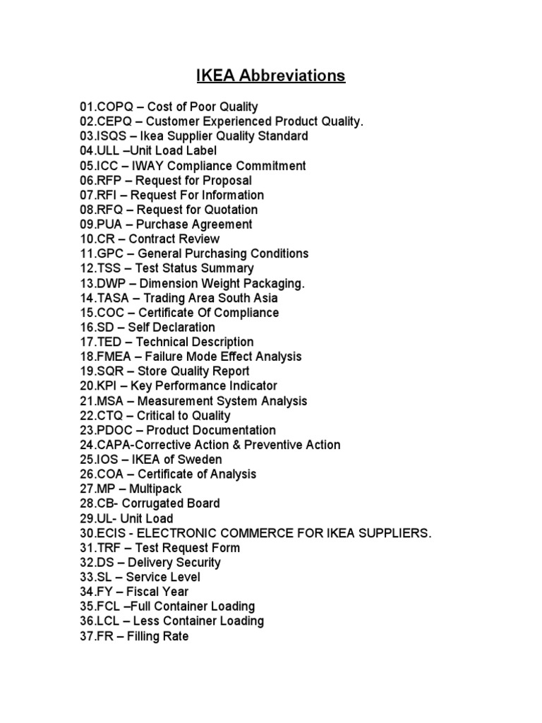 IKEA Abbreviations Explained | PDF