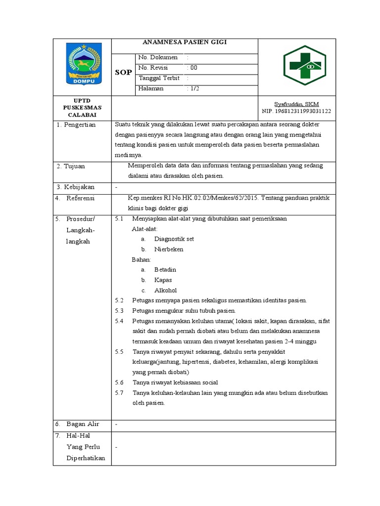 SOP ANAMNESA PASIEN GIGI | PDF