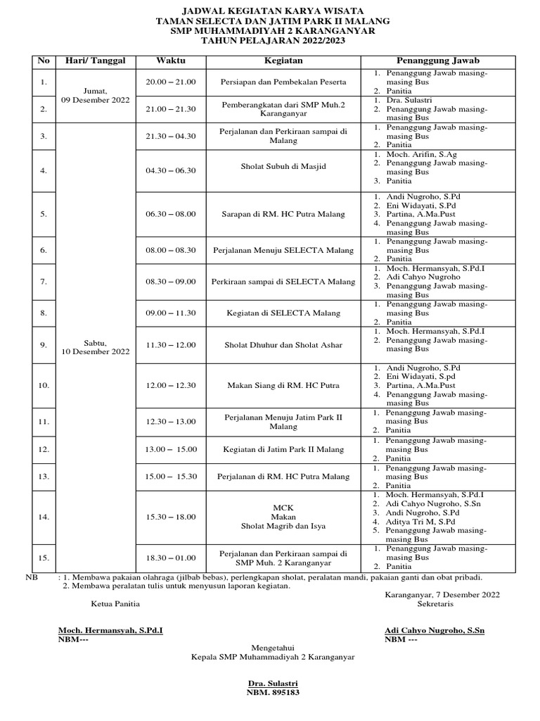 JADWAL KEGIATAN KARYA WISATA 2022 | PDF