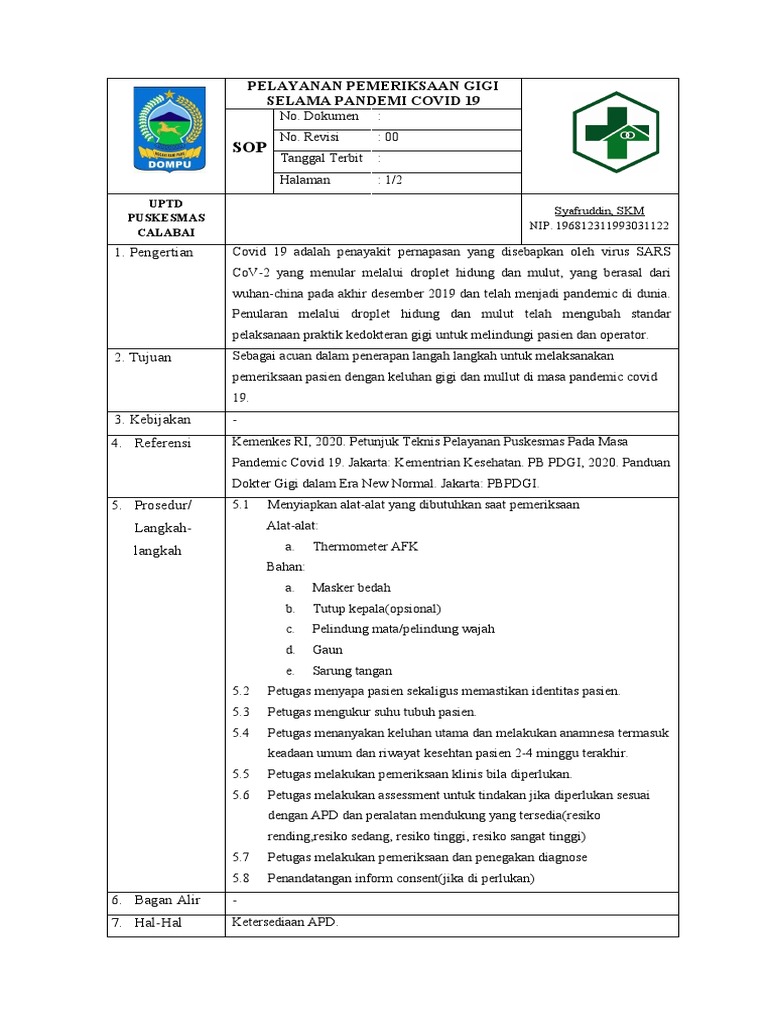 Sop Pelayanan Pemeriksaan Gigi Selama Pandemi Covid 19 | PDF