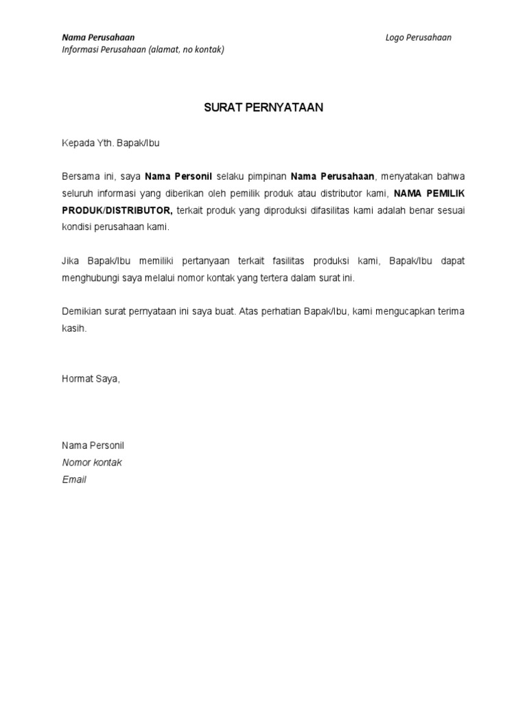 Surat Pernyataan Produsen Yang Membenarkan Informasi Supplier | PDF