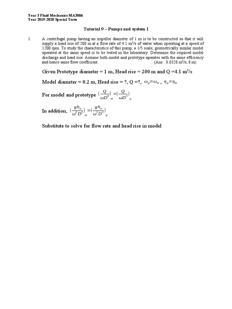 MA3006 Tutorial 9 Solution Guideline April 2020 | PDF | Pump | Fluid Dynamics