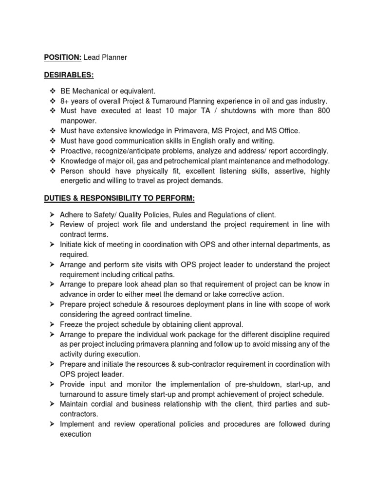 Lead Project Planner - PTU | PDF | Business