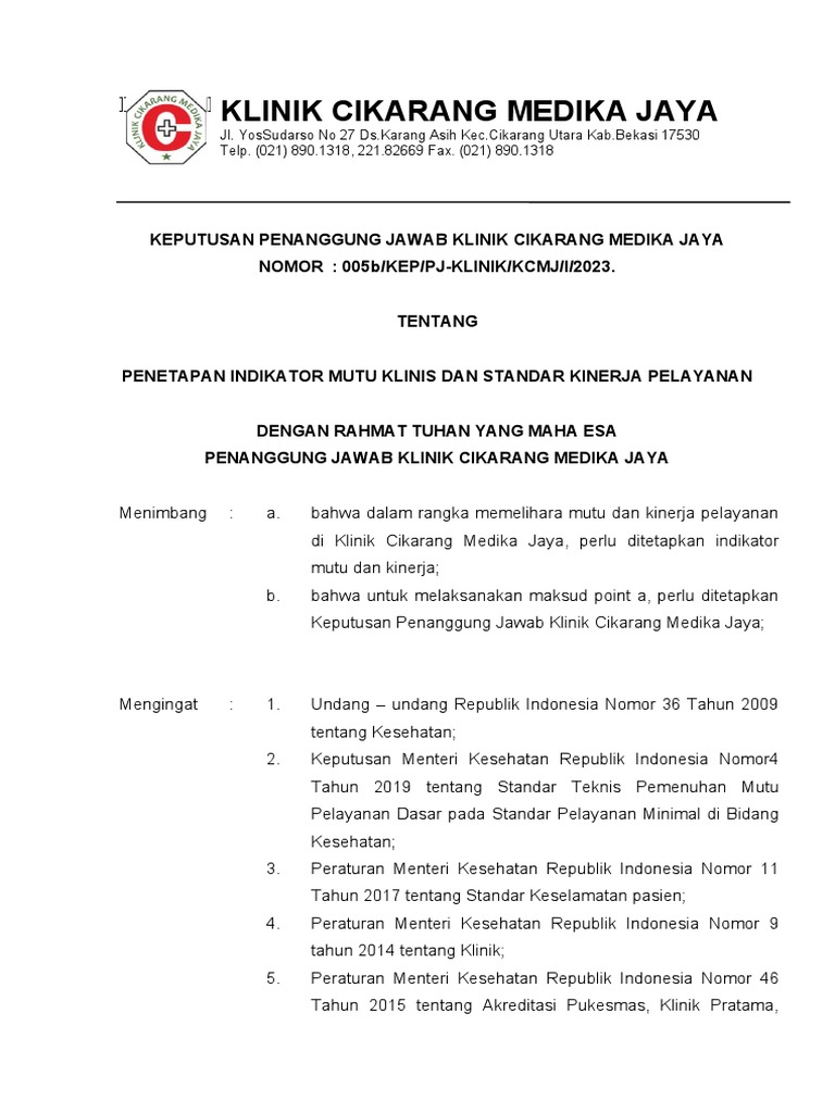 PMKP 1.2 Penetapan Indikator Mutu Klinik Dan Kinerja Pelayanan | PDF