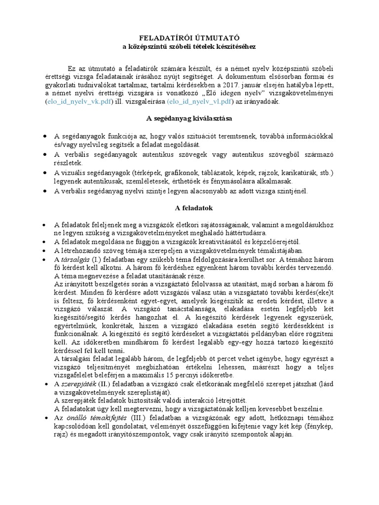 Nemet Nyelv Kozep Szobeli Feladatiroi Utmutato 2023maj | PDF