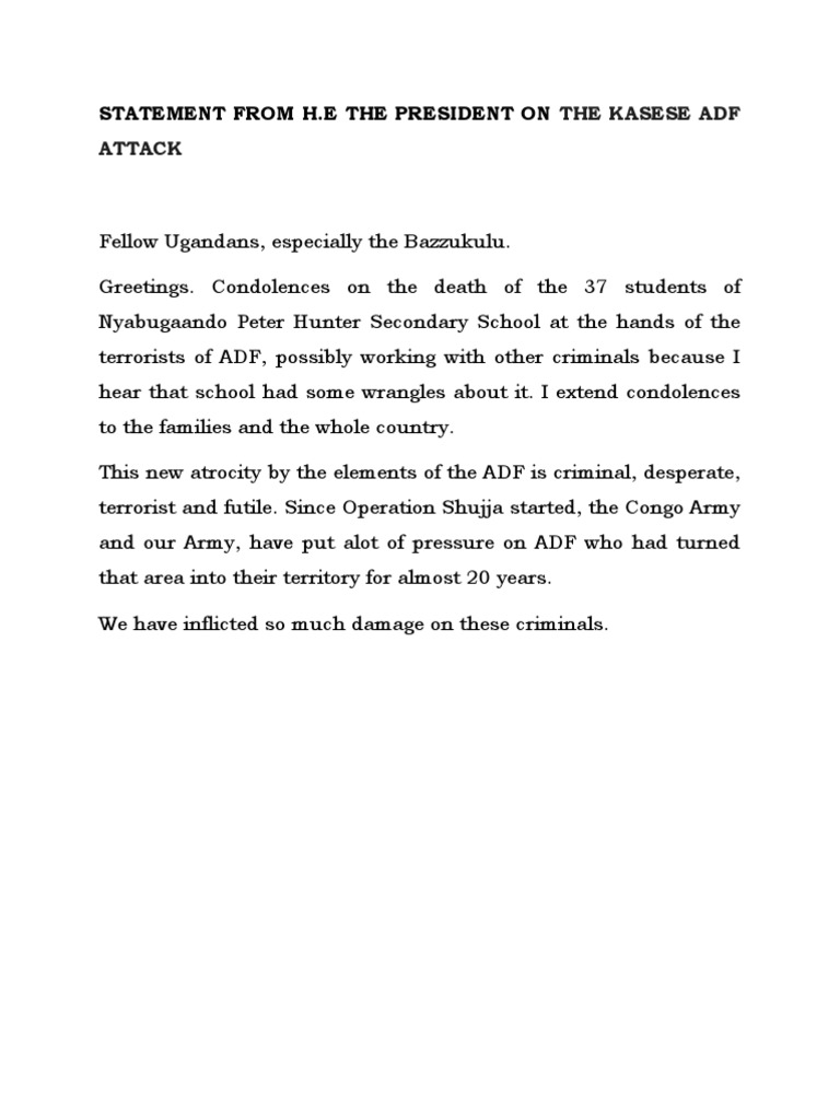 Word Format - Statement From h.e the President on the Kasese Adf Attack ...