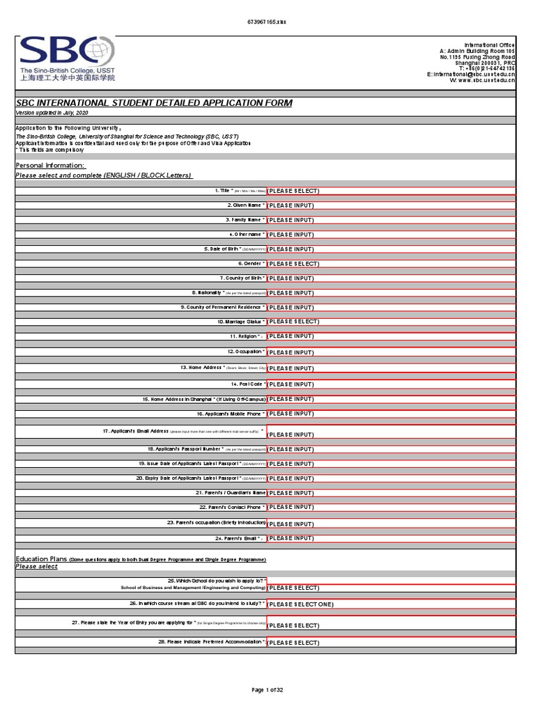 SBC International Student Detailed Application Form: Personal ...
