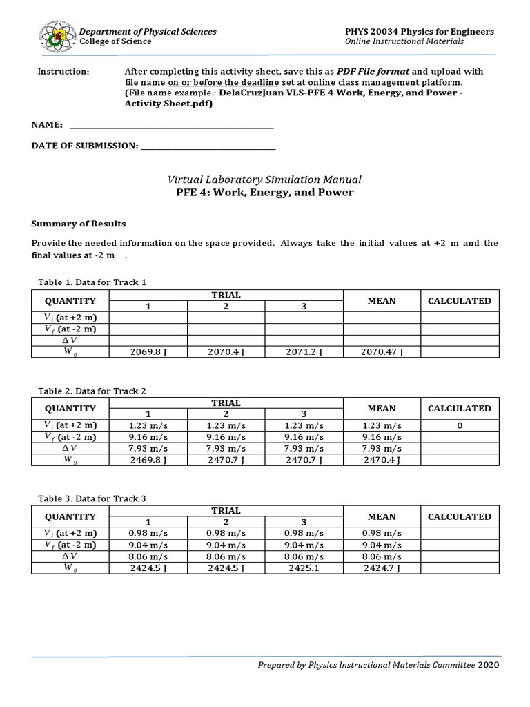 Physics for Engineers: Work & Energy Lab | PDF | Data | Computing