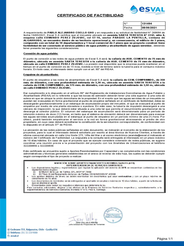 00 - Certificado Factibilidad AP ALC | PDF | Alcantarillado | Tubería (transporte de fluidos)