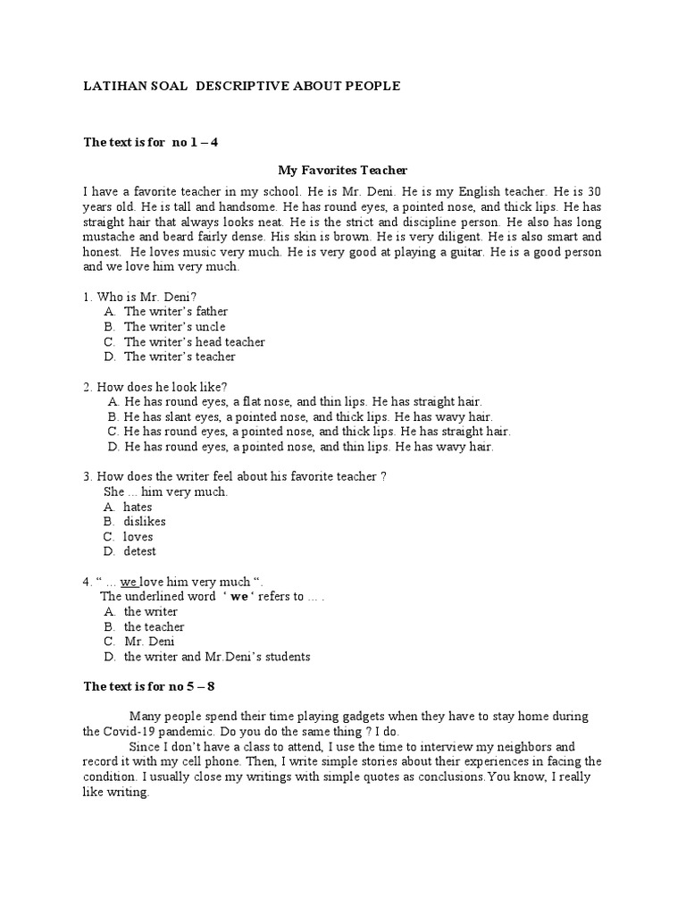 Latihan Soal Descriptive About People Vii | PDF