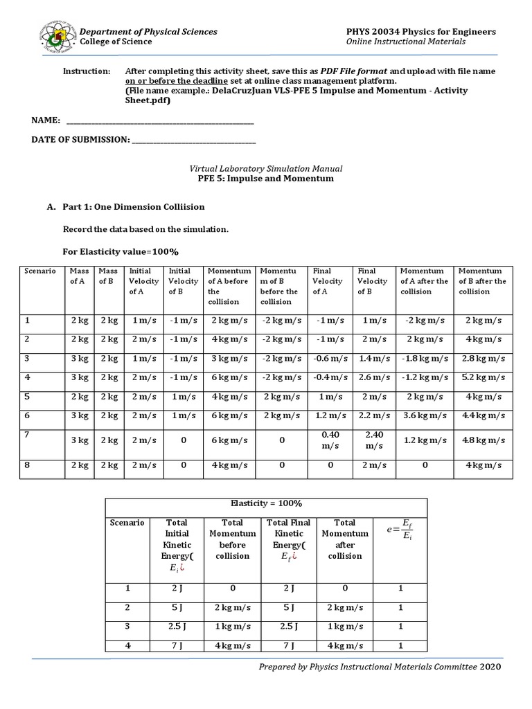 VLS-PFE 5 Impulse and Momentum Activity Sheet | PDF | Collision | Momentum